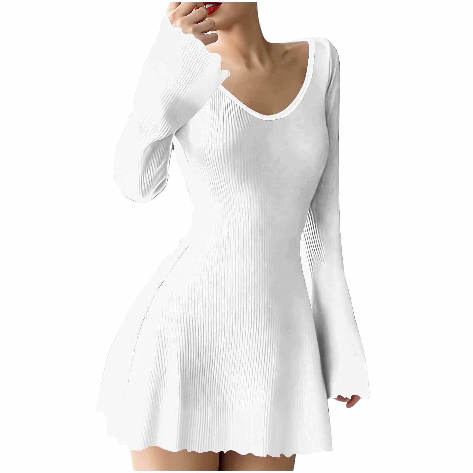 Erwazi Women's Solid Mini Dress Rib Knit V Neck Stretch Bodycon Casual ...
