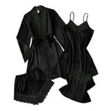 Erwazi Women's Solid Satin 4 Piece Pajama Set Long Sleeve Cardigan Lace ...