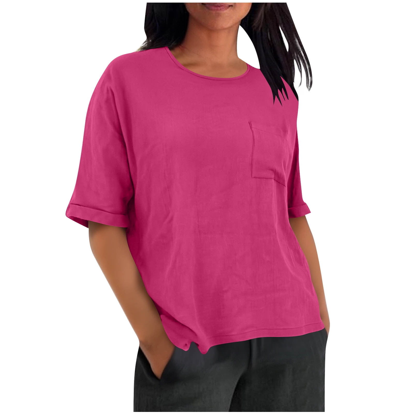 Erwazi Women's Solid Side Slit T-Shirt Crew Neck Short Sleeve Loose Fit ...