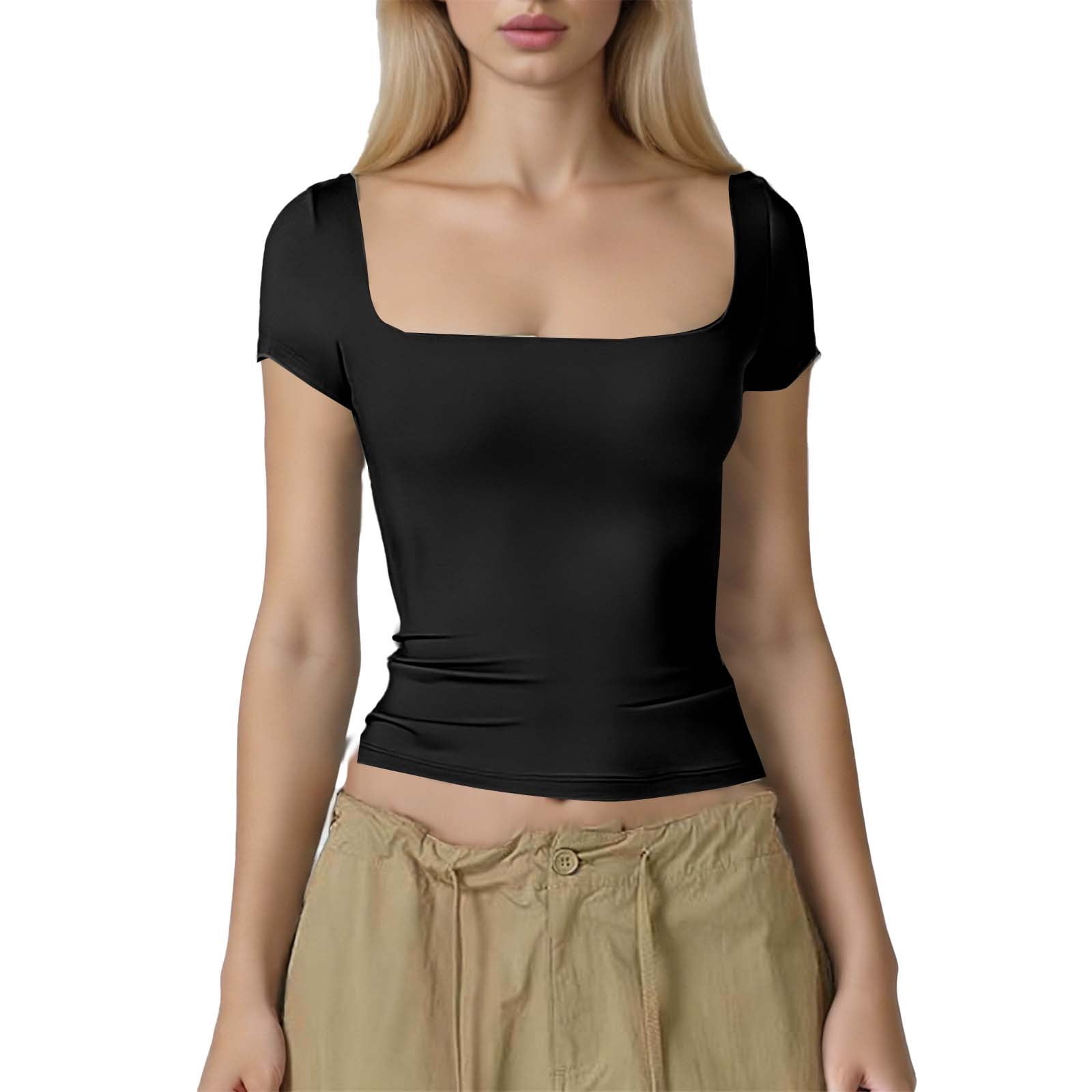 Erwazi Women's Square Neck Slim Fit Shirt Solid Color Short Sleeve ...