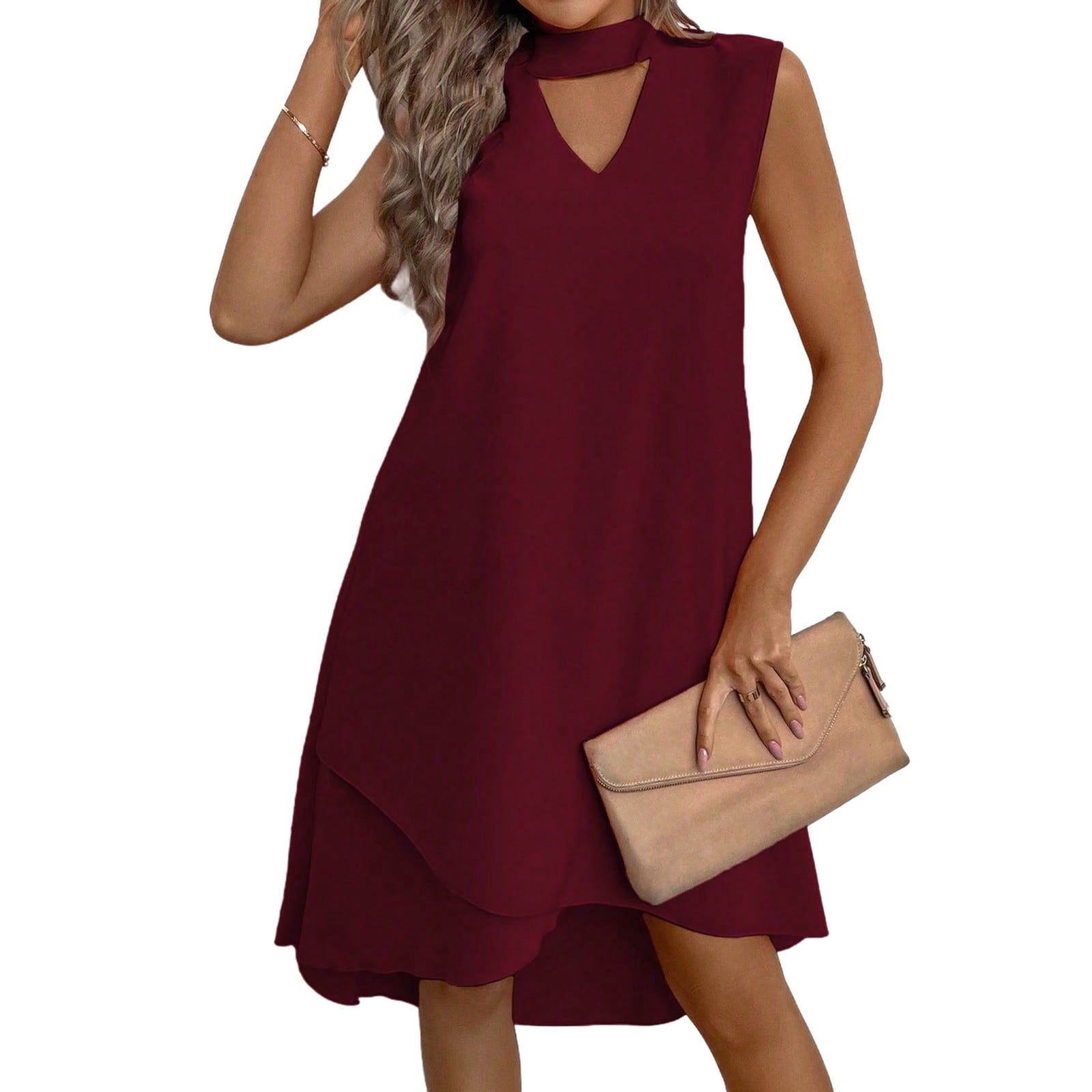 Erwazi Women's Stand Collar V Neck Dresses Sleeveless Loose Casual ...
