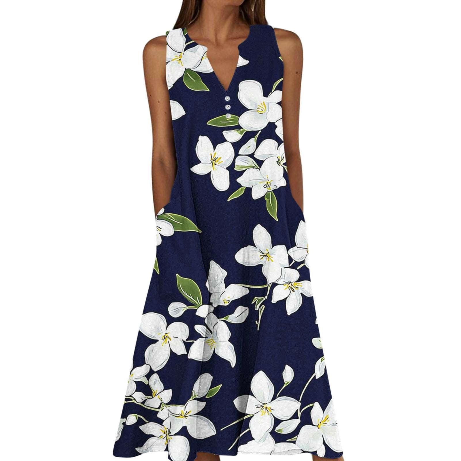 Erwazi Women's Summer Floral Print Dresses Sleeveless V Neck Tank A ...