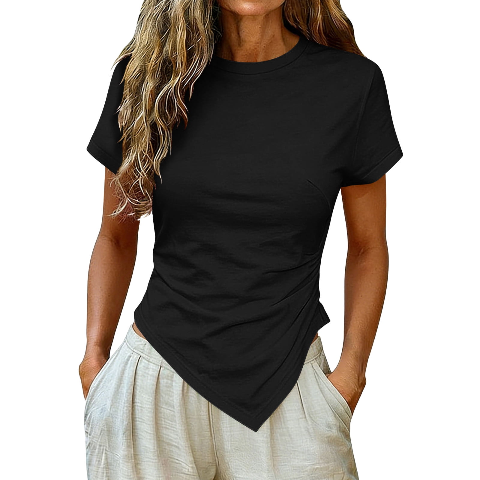 Erwazi Women's Tops Crew Neck Cropped Short Sleeve Twist Design ...