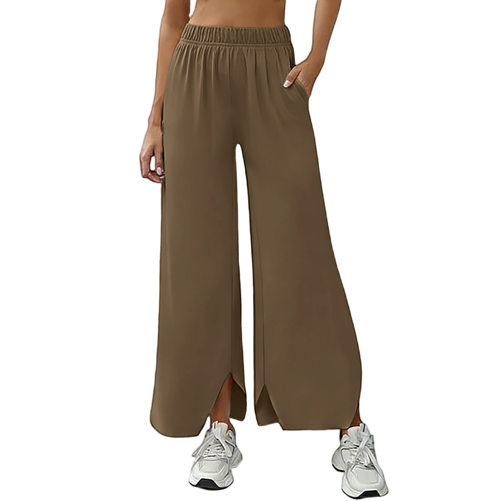 Erwazi Women's Trendy Wide Leg Pants Solid Elastic Waist Split Hem ...