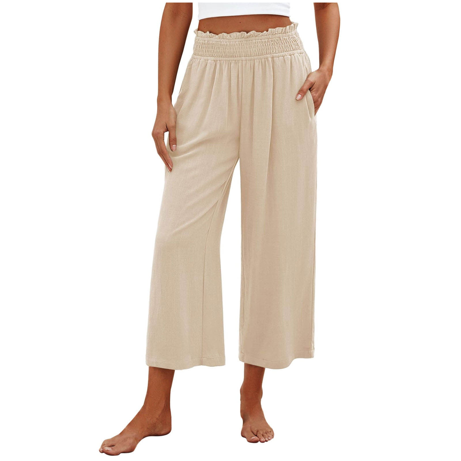 Erwazi Womens Wide Leg Capri Pants Cotton High Elastic Waisted Cropped