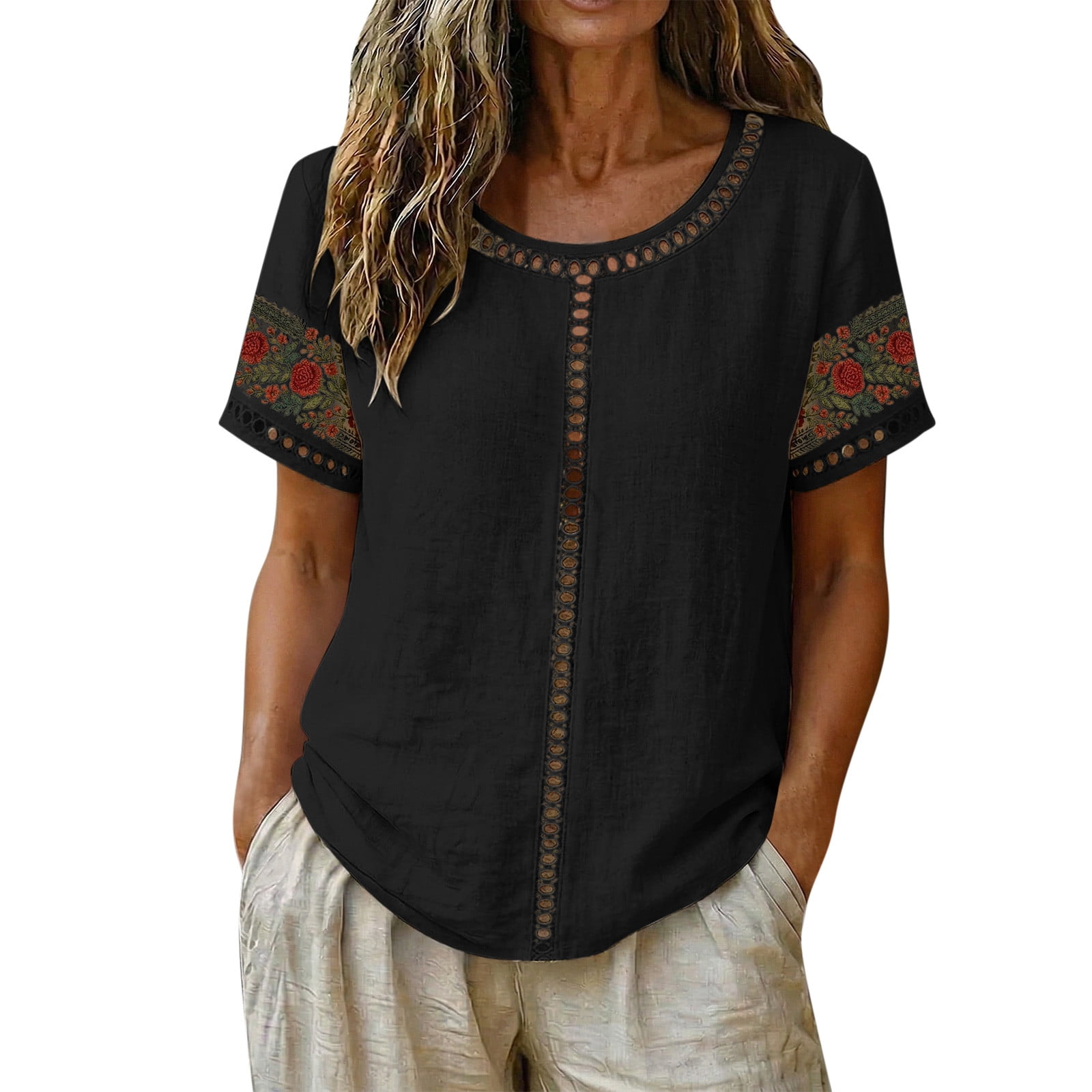 Erwazi Womens Cotton Linen Shirt Floral Embroidery Cut Out Crew Neck ...