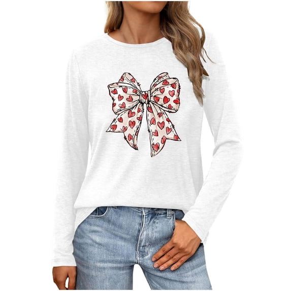 Erwazi Womens Long Sleeve Crew Neck Valentine T Shirts Love Bow Printed ...