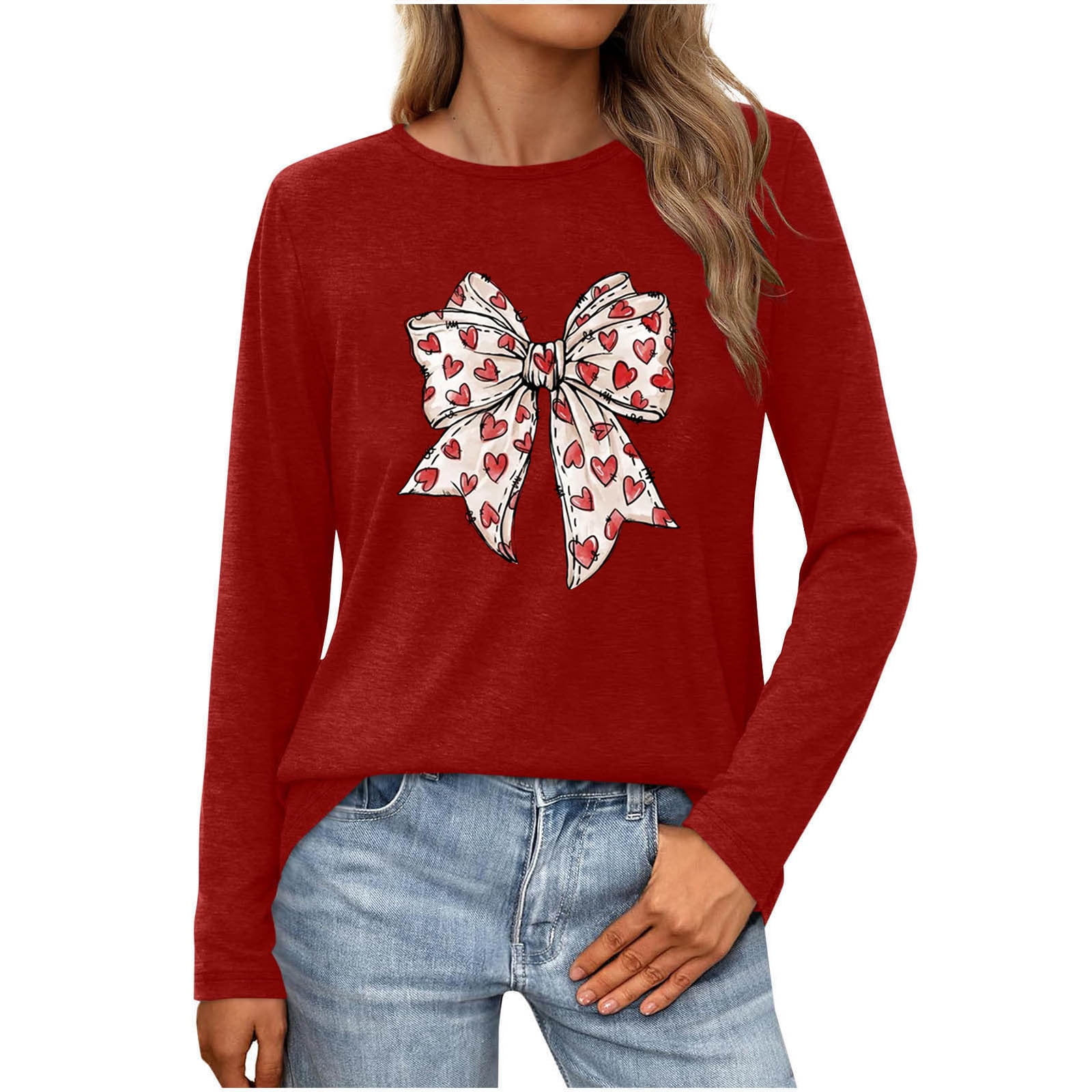 Erwazi Womens Long Sleeve Crew Neck Valentine T Shirts Love Bow Printed ...