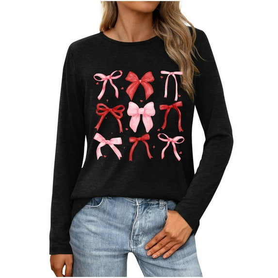 Erwazi Womens Long Sleeve Crew Neck Valentine T Shirts Love Bow Printed ...