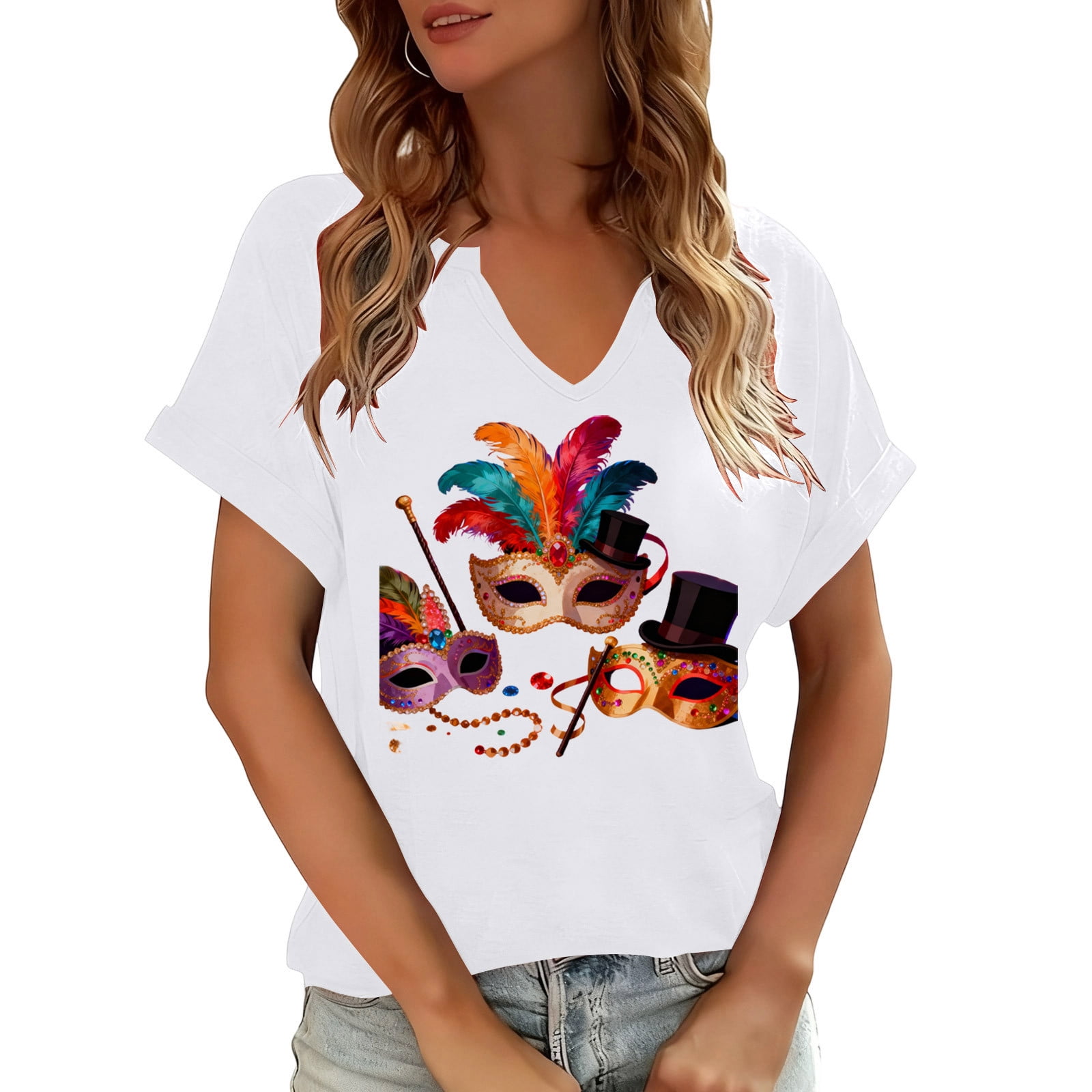 Erwazi Womens Mardi Gras T-Shirt Graphic Printed Short Sleeve V Neck ...