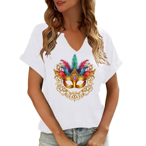 Erwazi Womens Mardi Gras T-Shirt Graphic Printed Short Sleeve V Neck ...