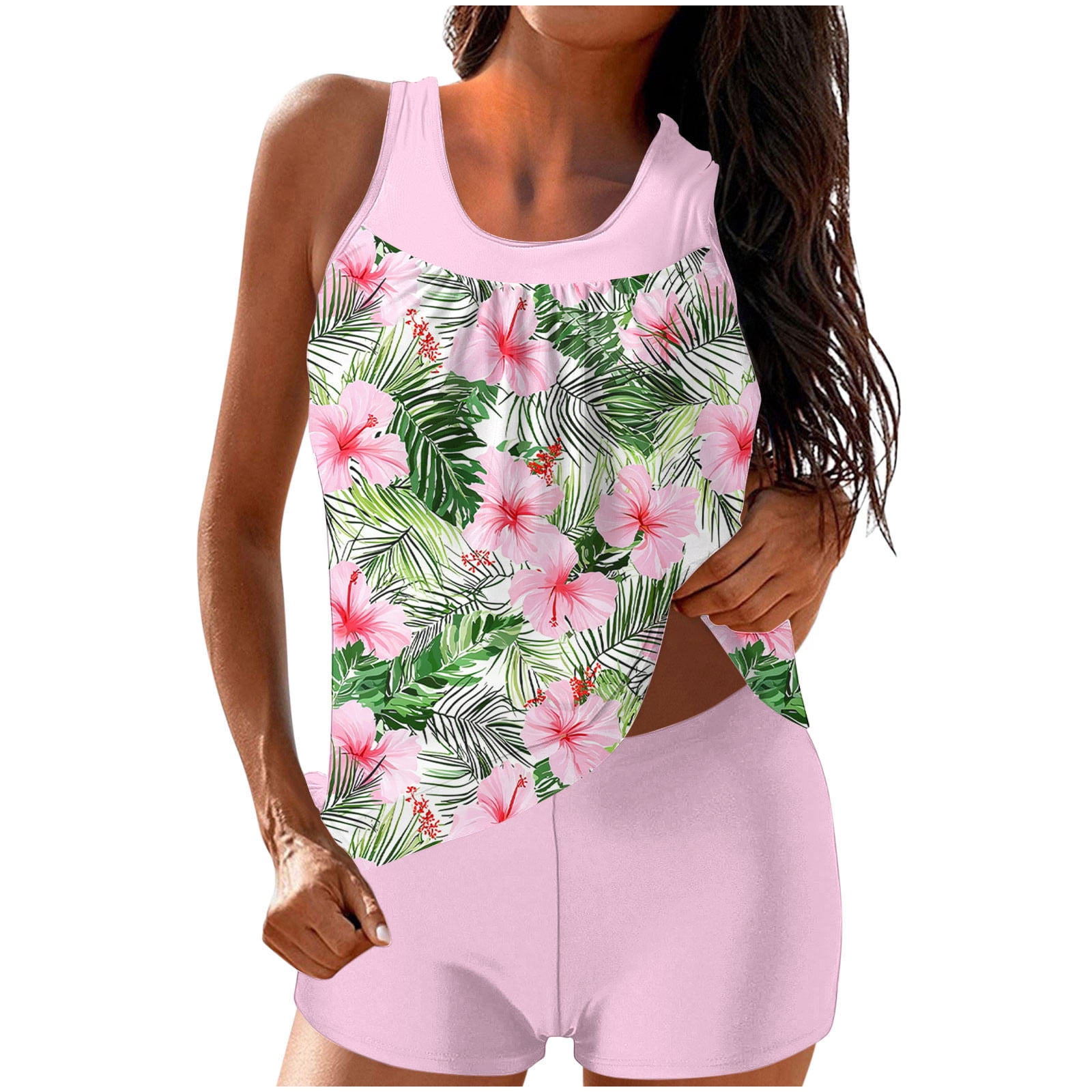 Erwazi Womens Modest Swimsuit Set Printed Crew Neck Tankini Top Tummy ...