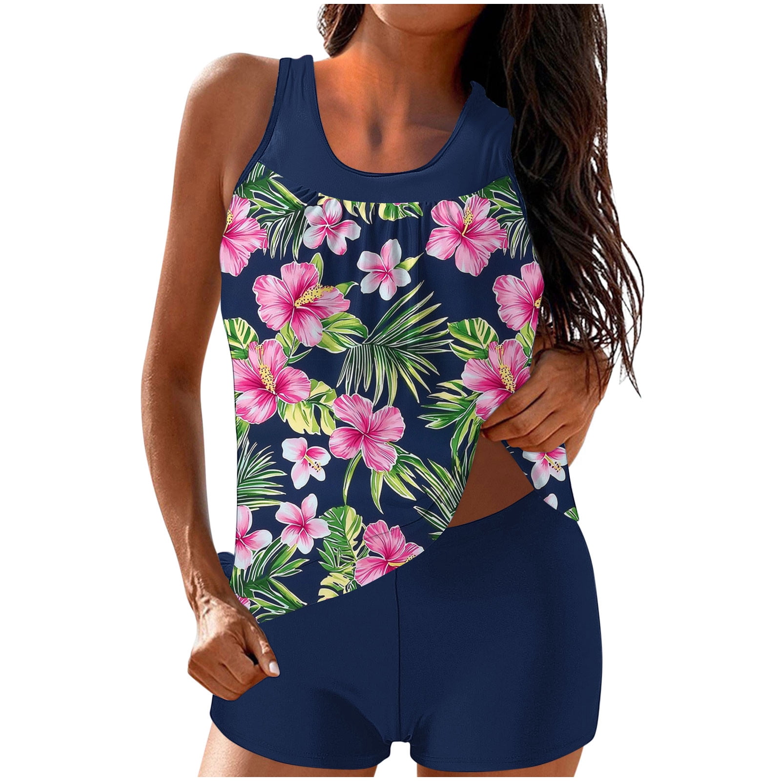 Erwazi Womens Modest Swimsuit Set Printed Crew Neck Tankini Top Tummy ...