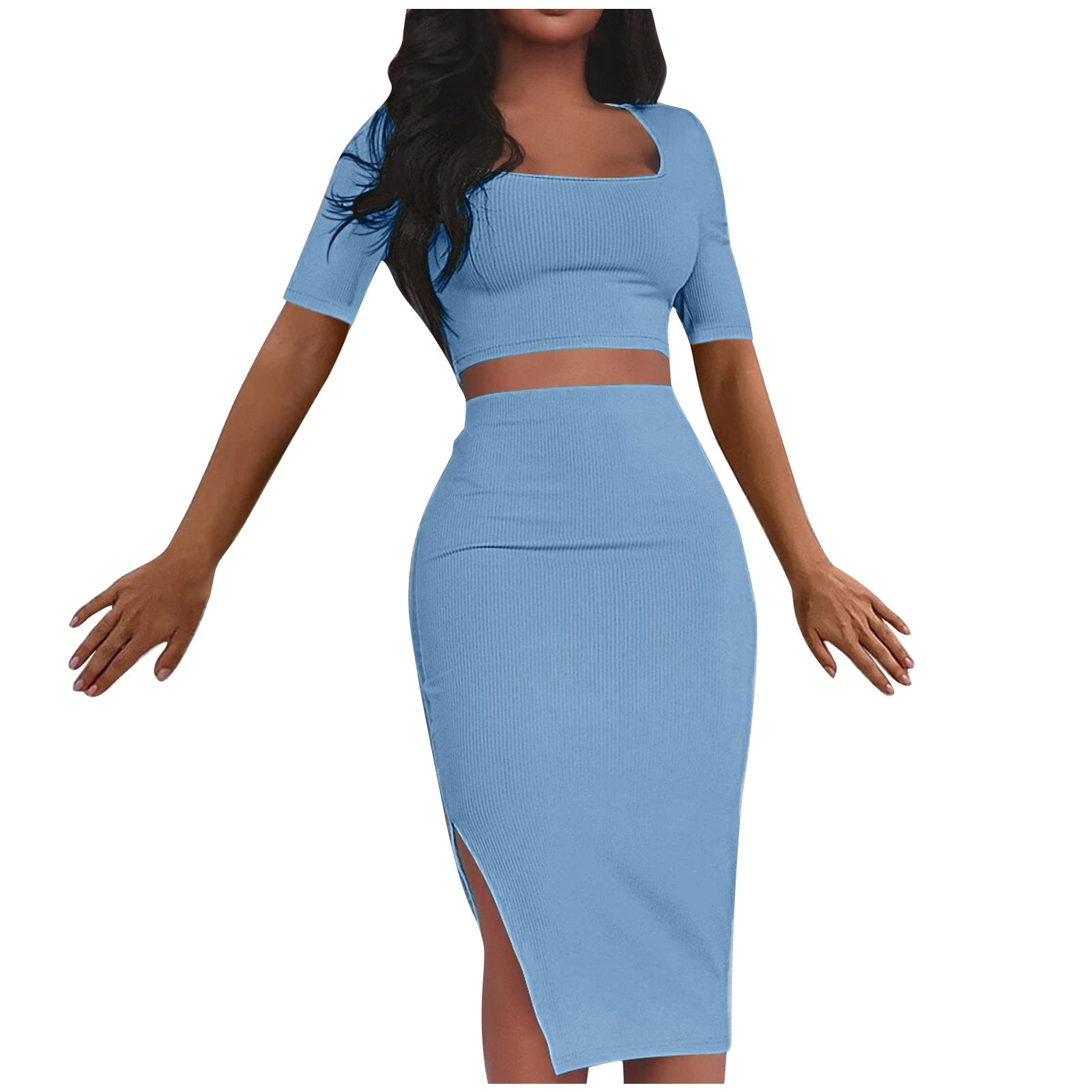 Erwazi Womens Outfits Set 2 Piece Sets Casual Cropped Short Sleeve Top and Pencil Skirt Trendy ...