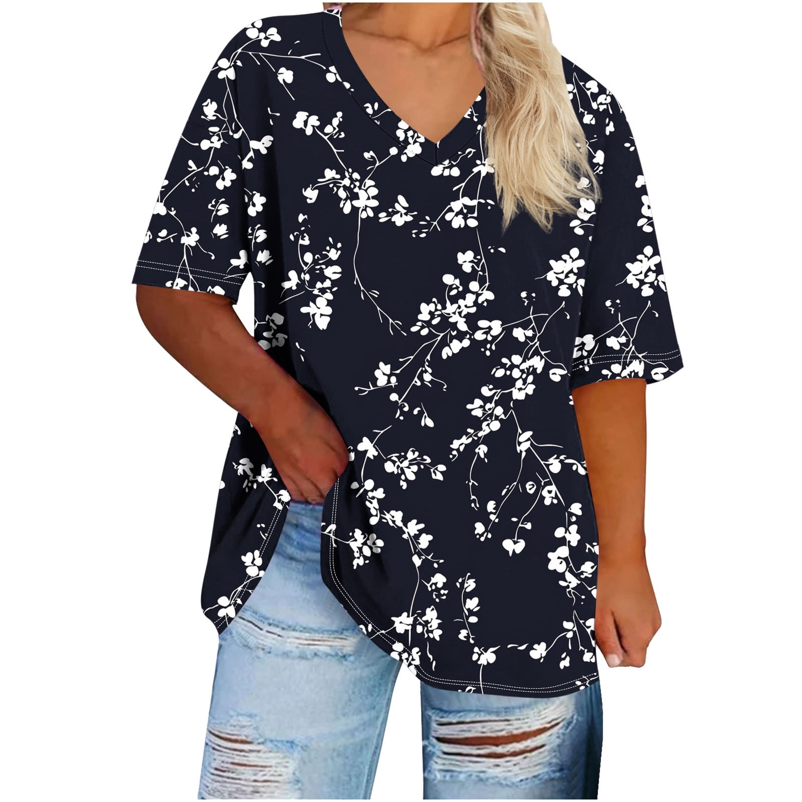 Erwazi Womens Plus Size Tops Floral Printed Summer T Shirts V-Neck ...