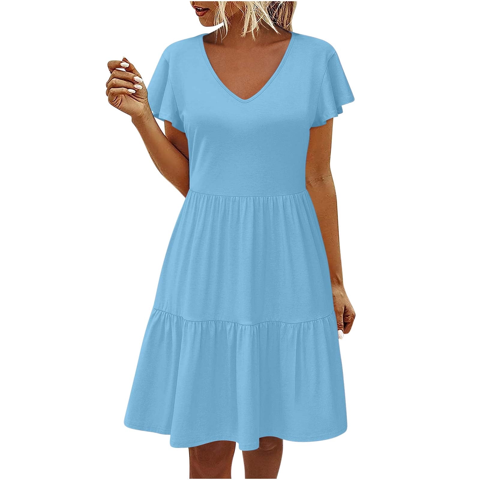 Erwazi Womens Short Sleeve Mini Dresses Summer Casual V Neck Tiered ...