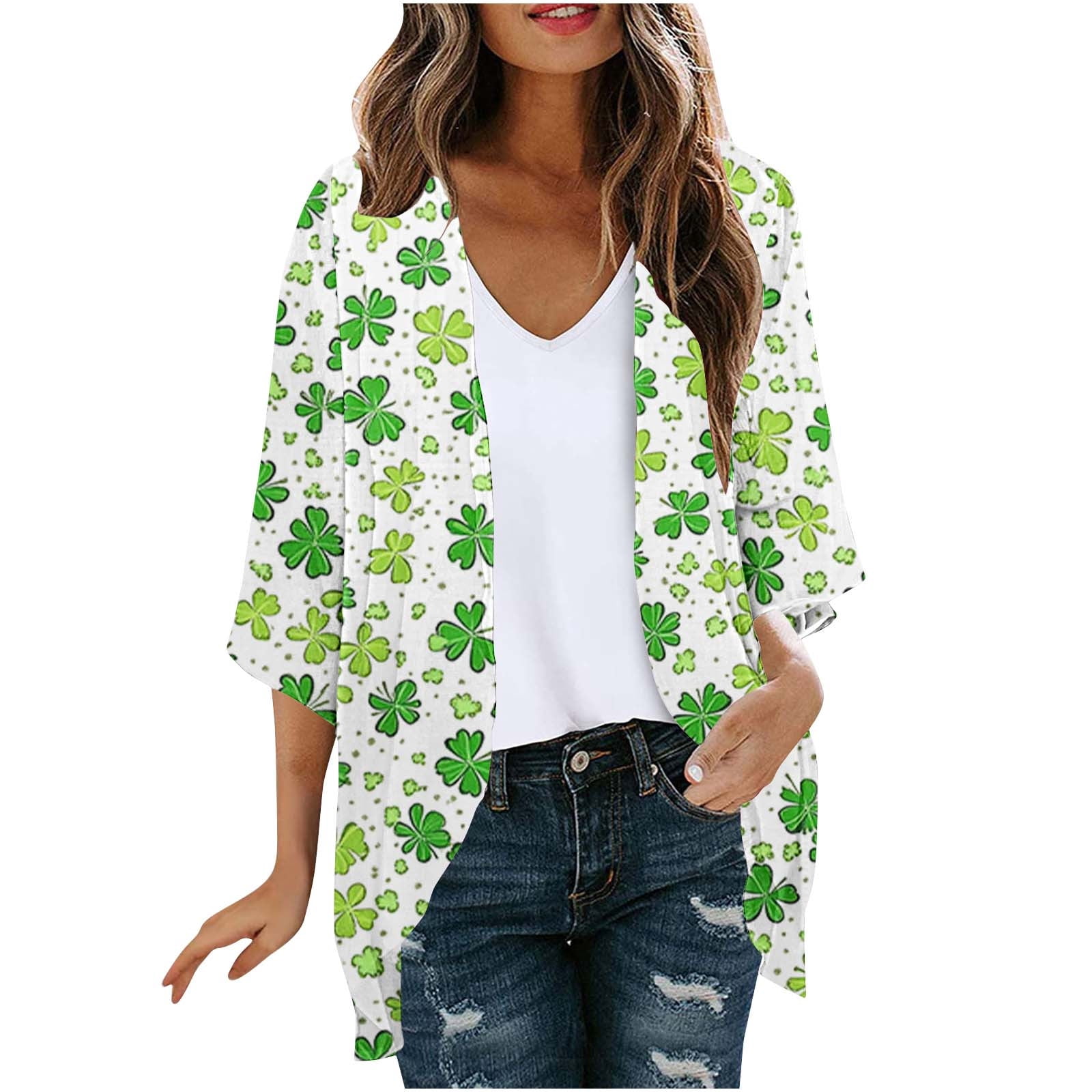 Erwazi Womens St Patricks Print Chiffon Cardigan 3/4 Sleeve Sun ...