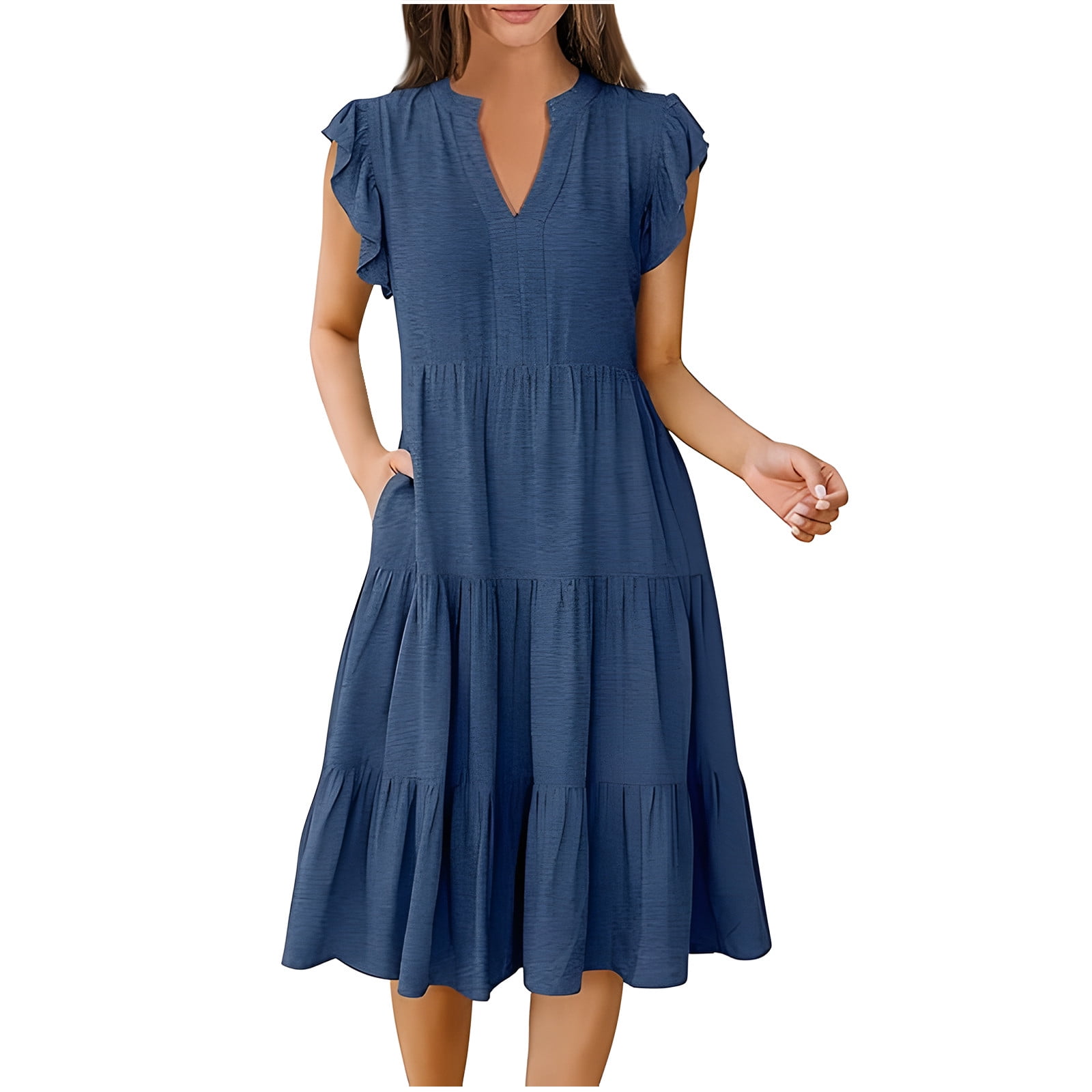 Erwazi Womens Summer Casual Dress Sleeveless V Neck Smocked Ruffle ...