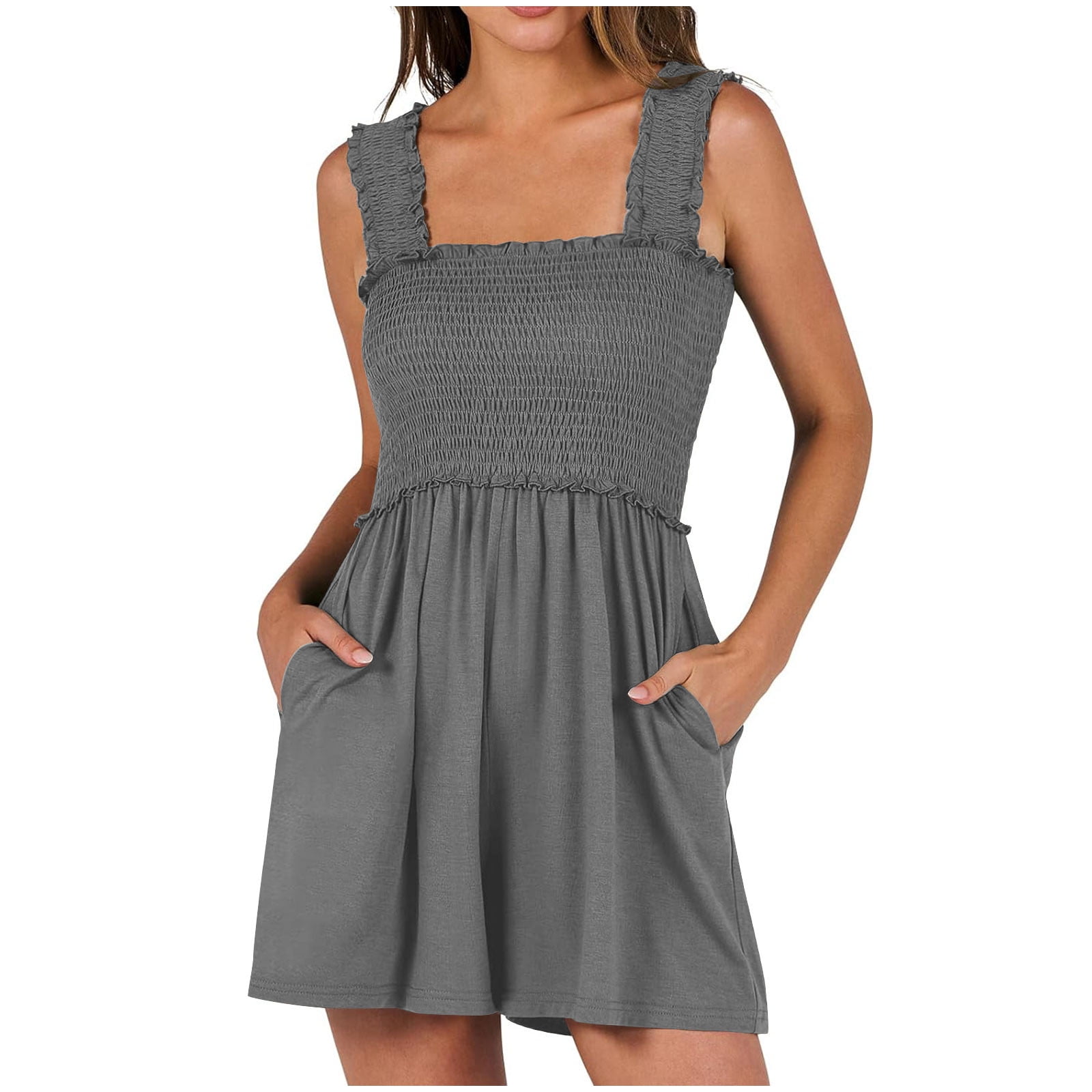 Erwazi Womens Summer Rompers Square Neck Sleeveless Smocked Dressy ...