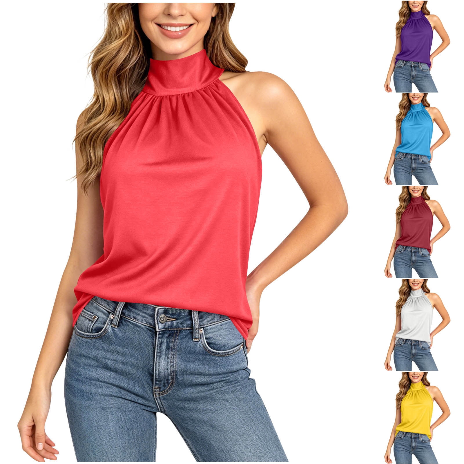Erwazi Womens Summer Tops Solid Knitted Sleeveless Halter Top Round ...