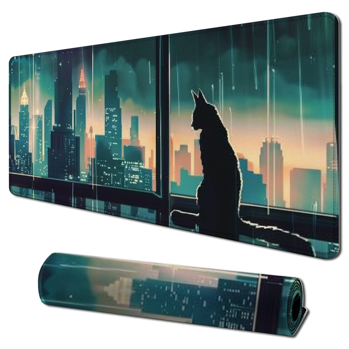 Erxjss Cyberpunk Cat Desk Mat City Nights Desk Pad, Large Extend Mouse ...