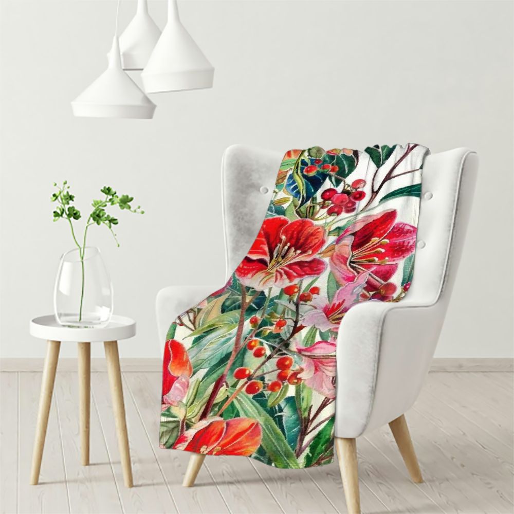 Erxjss Floral Throw Blanket Watercolor Red Flowers Amaryllis Eucalyptus ...