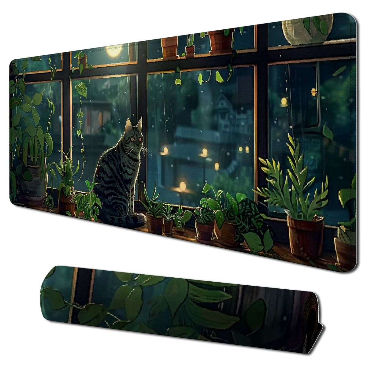 Erxjss Green Plants Desk Mat Cute Cat Lofi Aesthetic Desk Pad Anime ...