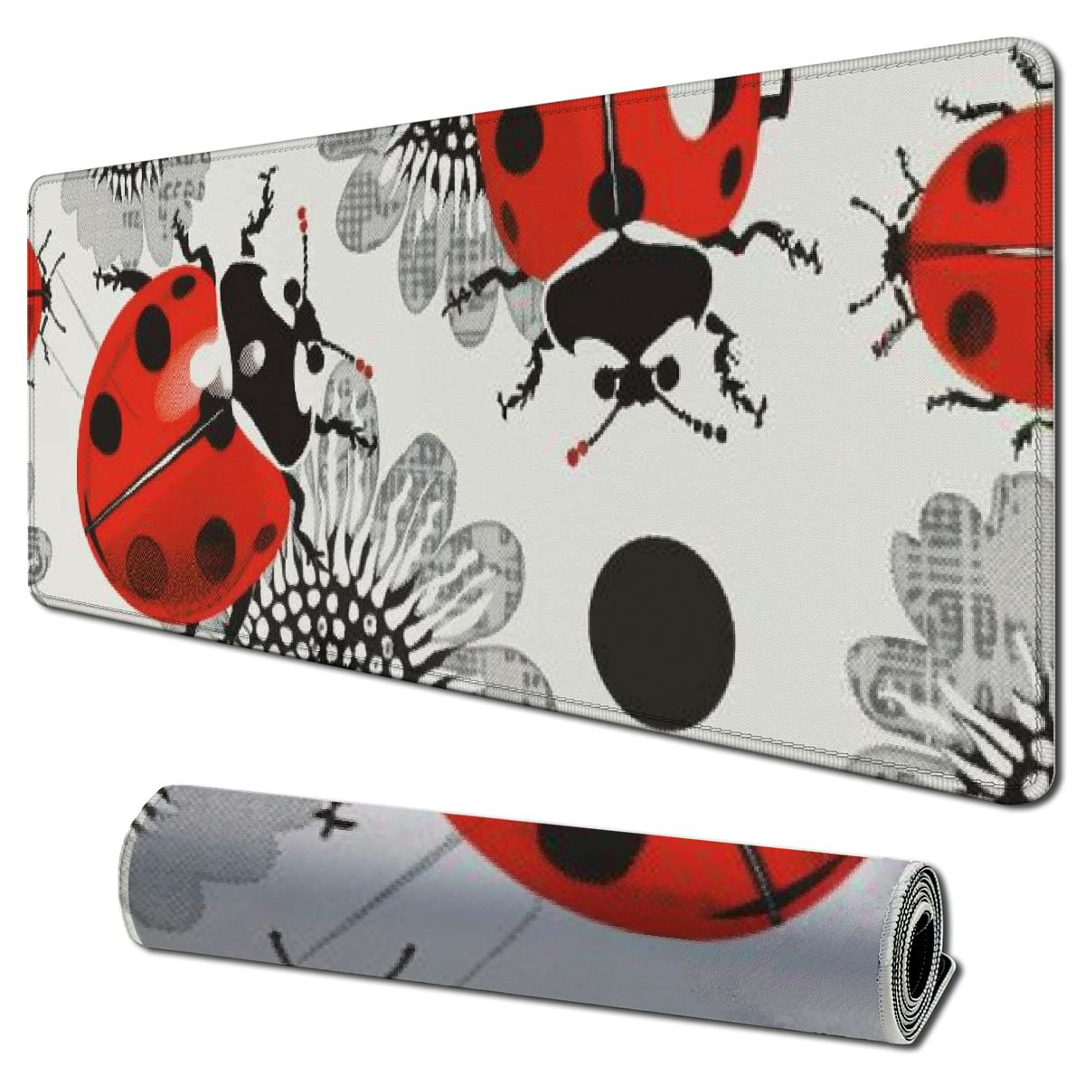 Erxjss Large Gaming Mouse Pad Long Desk Mat Red Ladybugs Gray Wave Dots ...