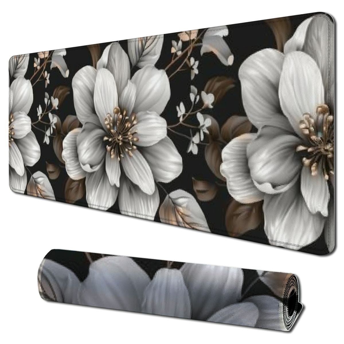 Erxjss Large Gaming Mouse Pad Long Desk Mat White Flowers and Golden ...