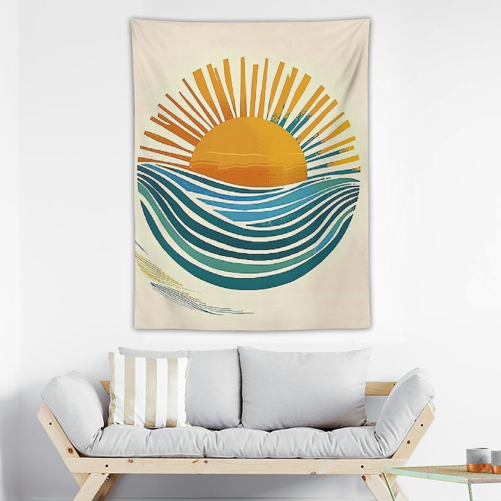 Erxjss Ocean Sunrise Wall Tapestry Waves Mid Century Modern Style ...