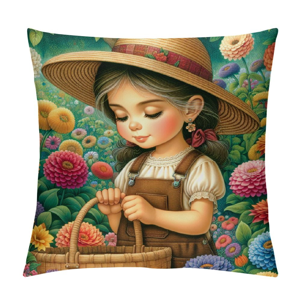 Erxjss Spring Cushion Covers Basket Floral Checkered Girls Cartoon Art ...