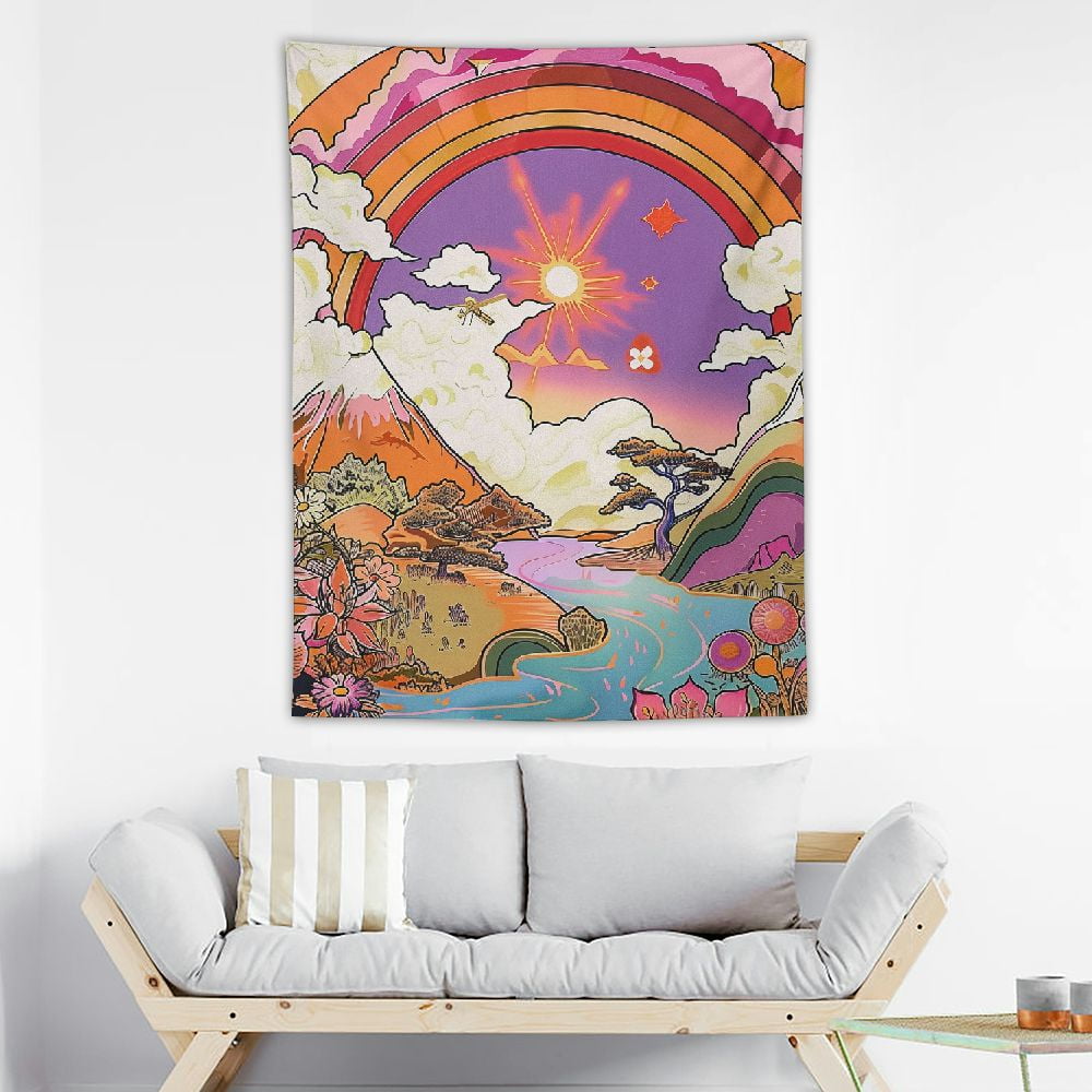 Erxjss Vintage 70s 60s Groovy Tapestry, Retro Flowers Clouds Sun and ...