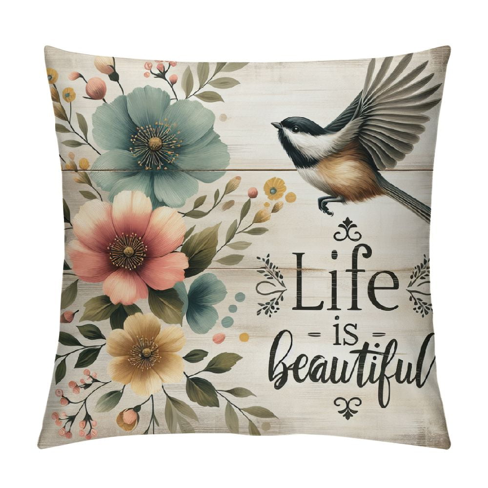 Erxjss Wood Bird Flower Throw Pillow Covers Life is Beautiful Lettering ...