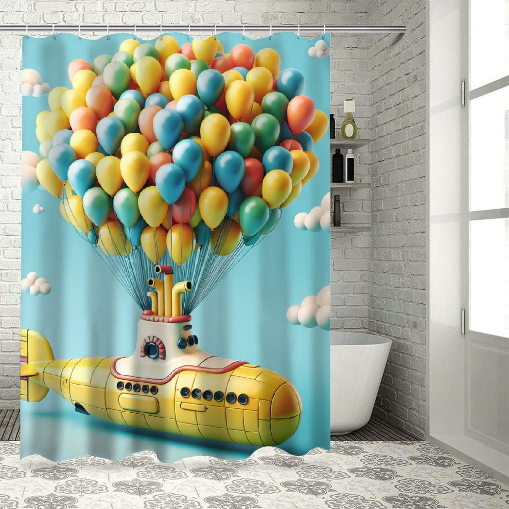 Erxjss Yellow Submarine Shower Curtain, Blue Sky with Colorful Balloons ...