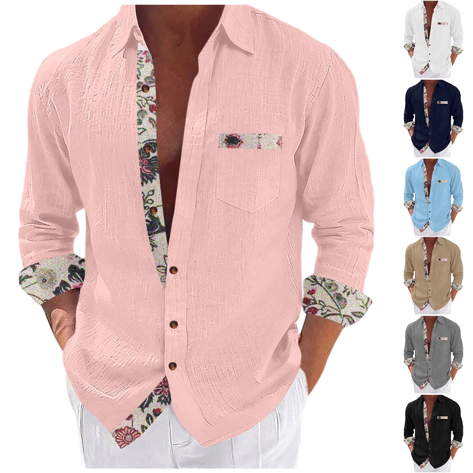 Eryao Button Down Linen Shirts for Men Casual Long Sleeve Floral Tee ...