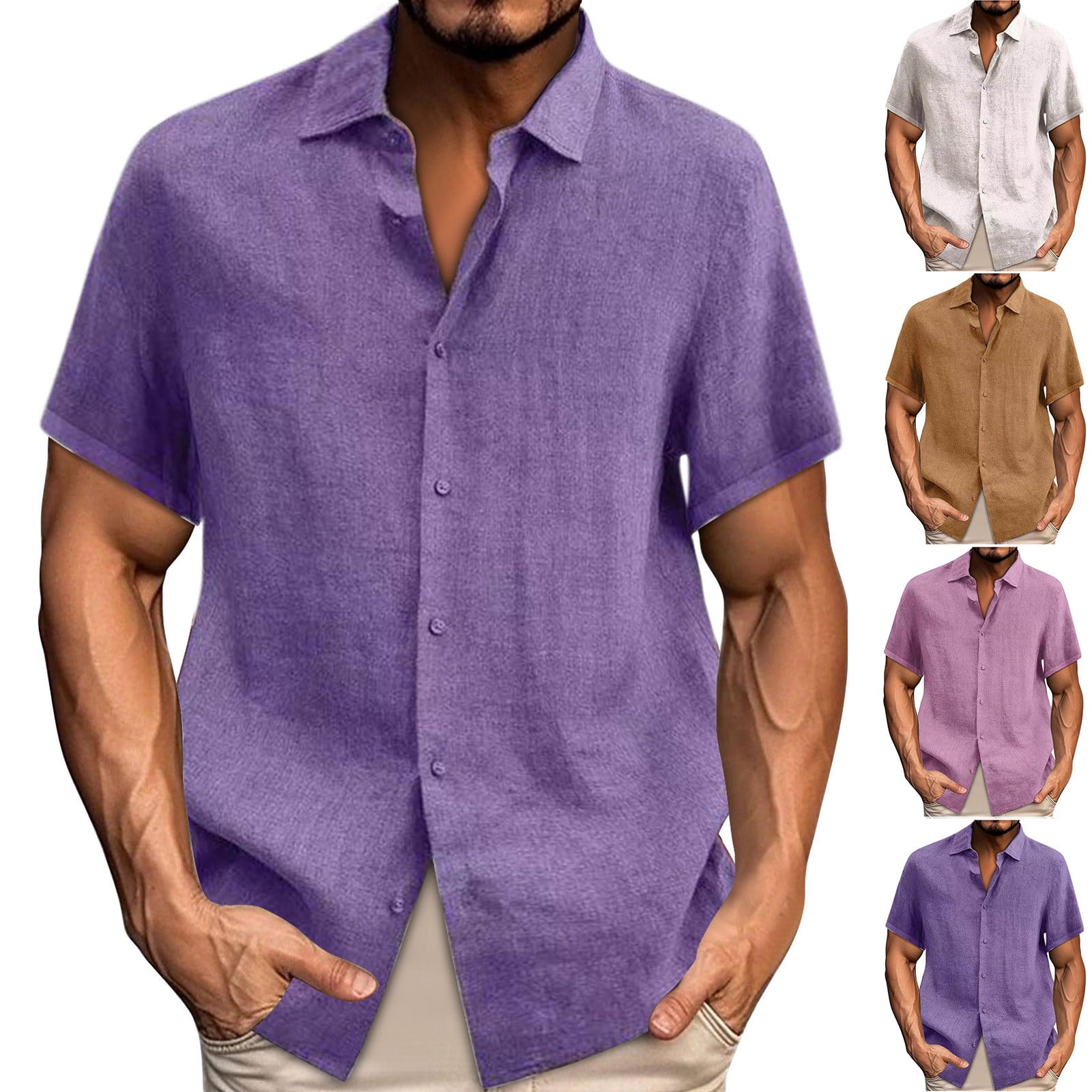 Eryao Cotton Button Down Shirt Men Short Sleeve Lapel Tees Summer ...