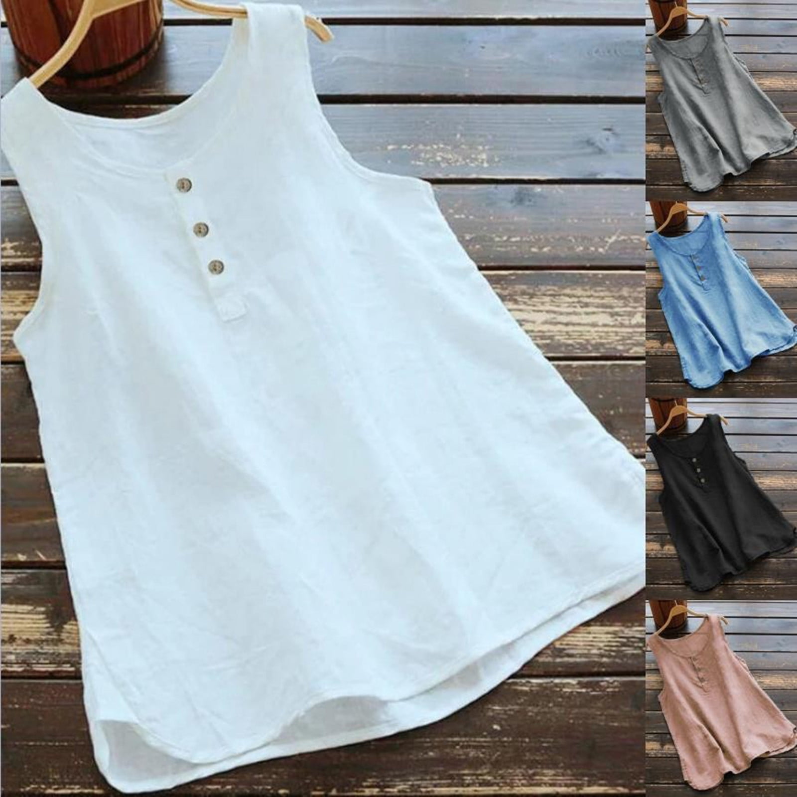 Eryao Cotton Linen Tank Tops for Women Loose Fit Sleeveless Button Tee ...