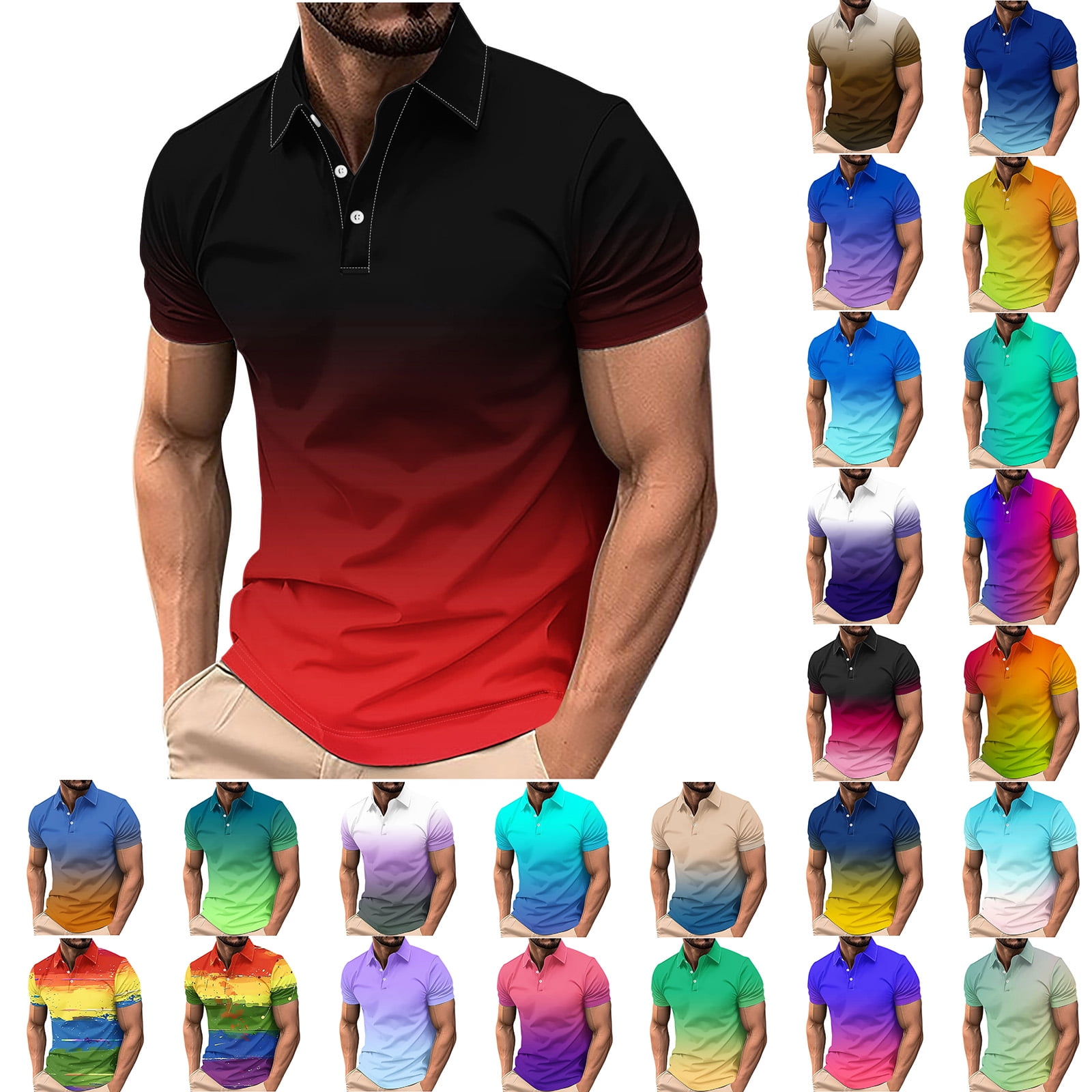 Eryao Daily Deals Mens Short Sleeve Gradient Shirts Button Down T Shirts 2025 Summer Casual ...