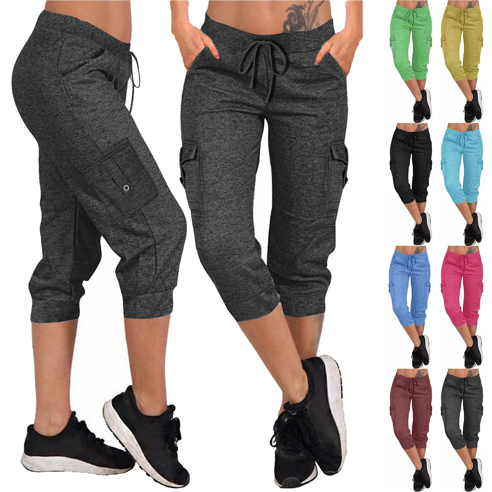 Eryao Drawstring Capris for Women with Pockets Plus Size Elastic Waist ...