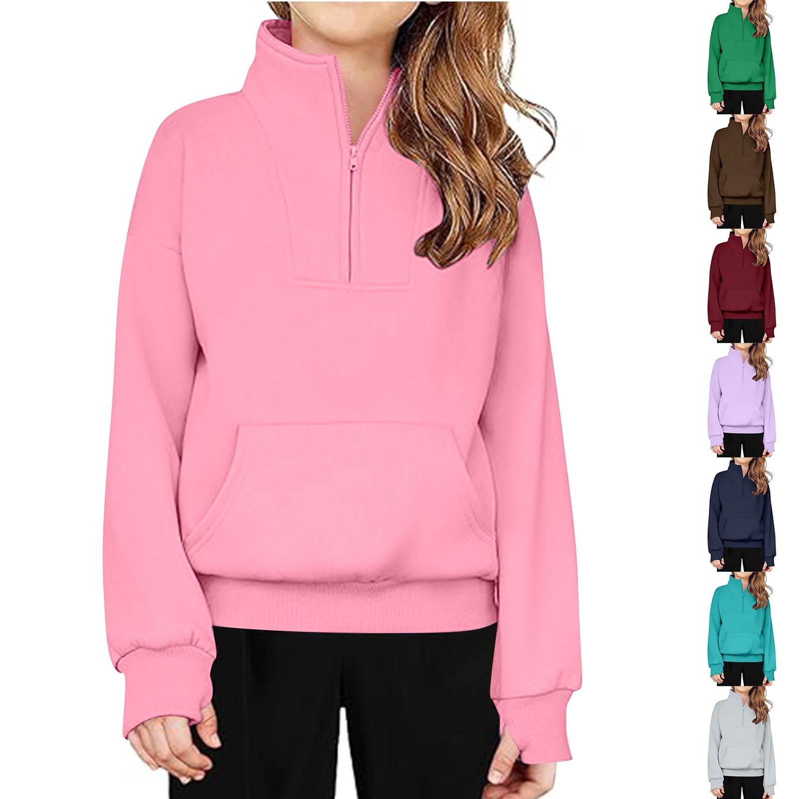 Eryao Girls Half Zip Sweatshirt with Thumb Hole Casual Solid Color Long ...
