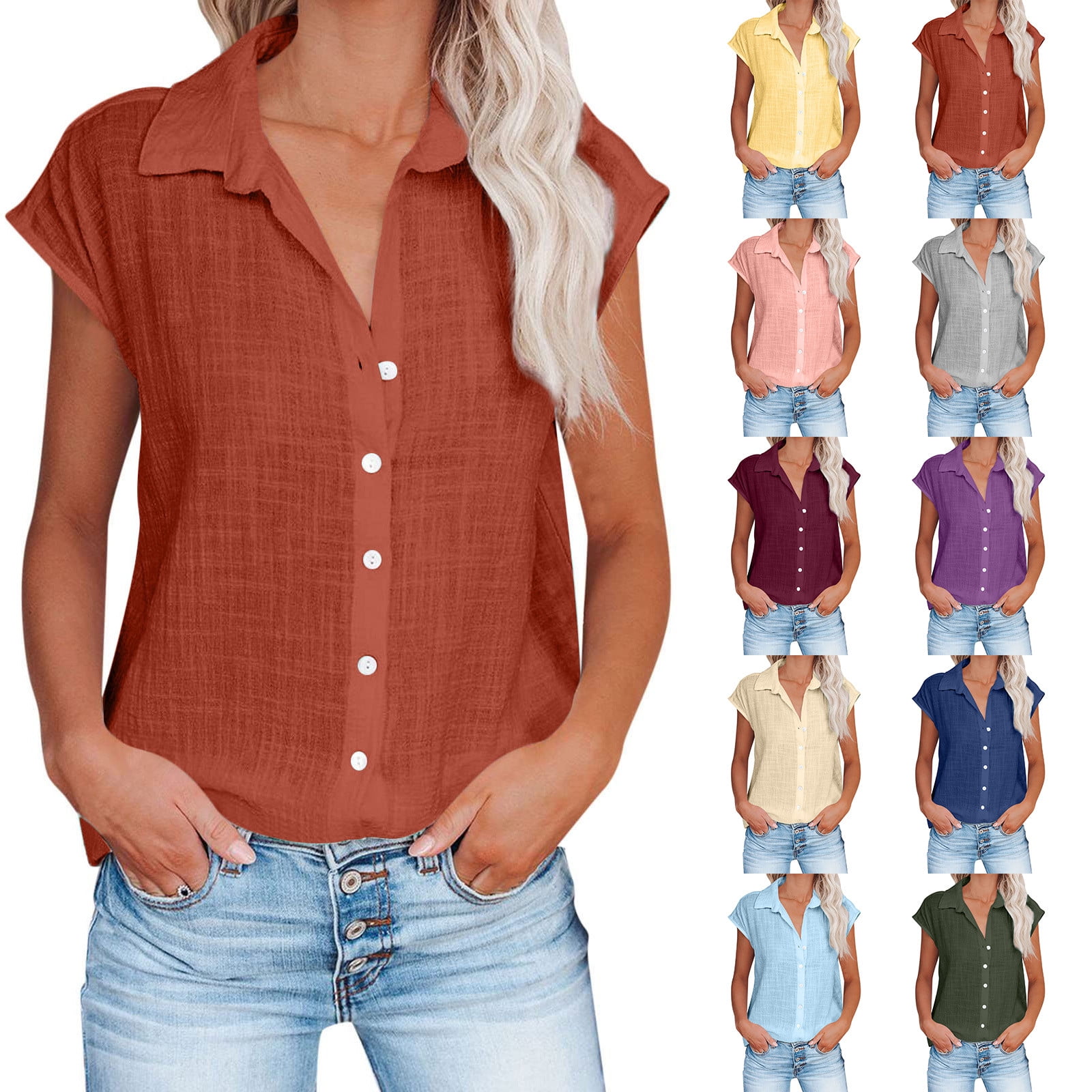 Eryao Holiday Deals Women's Summer Casual Cotton Linen Tops Solid Color ...