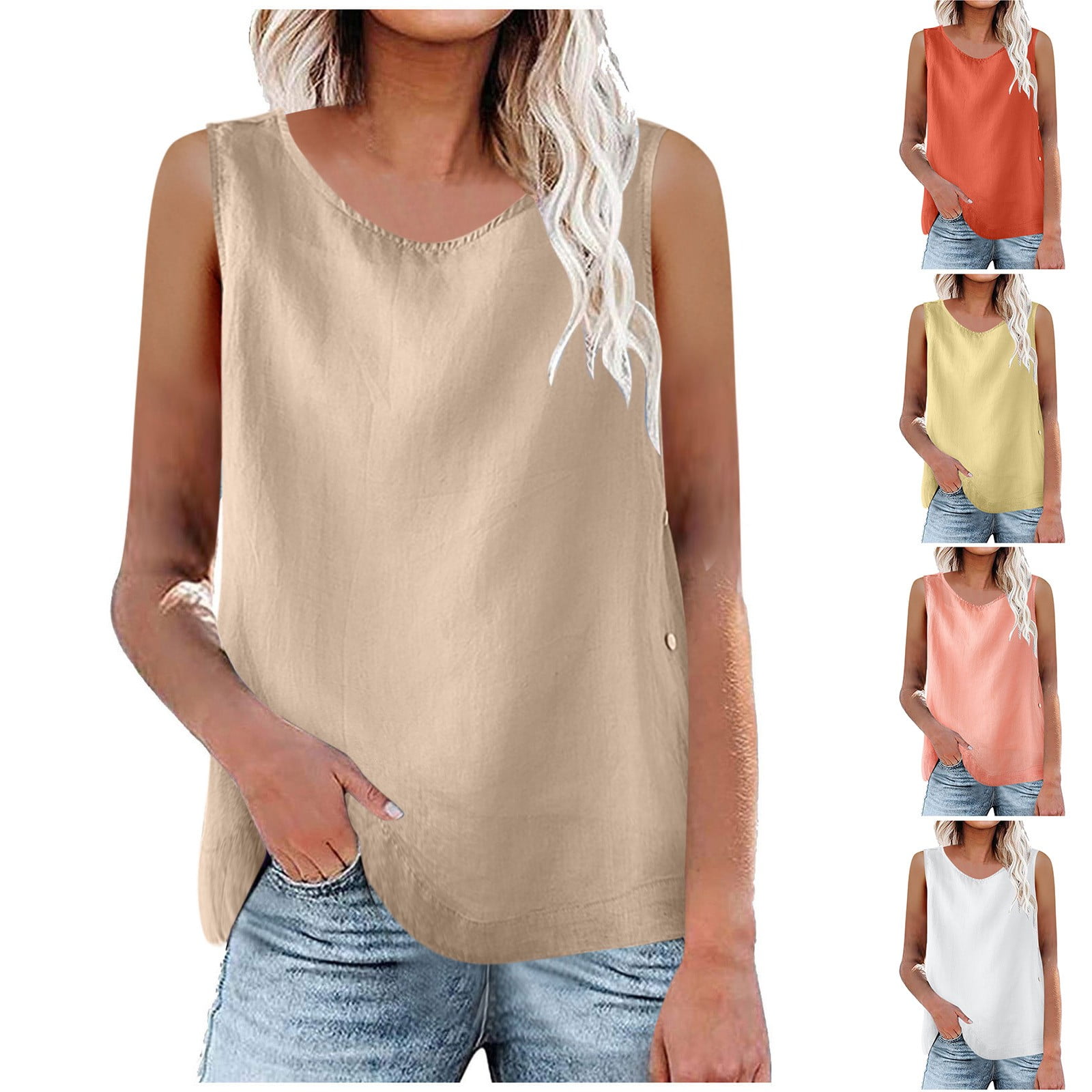 Eryao Linen Tank Tops for Women 2025 Summer Sleeveless Solid Color ...