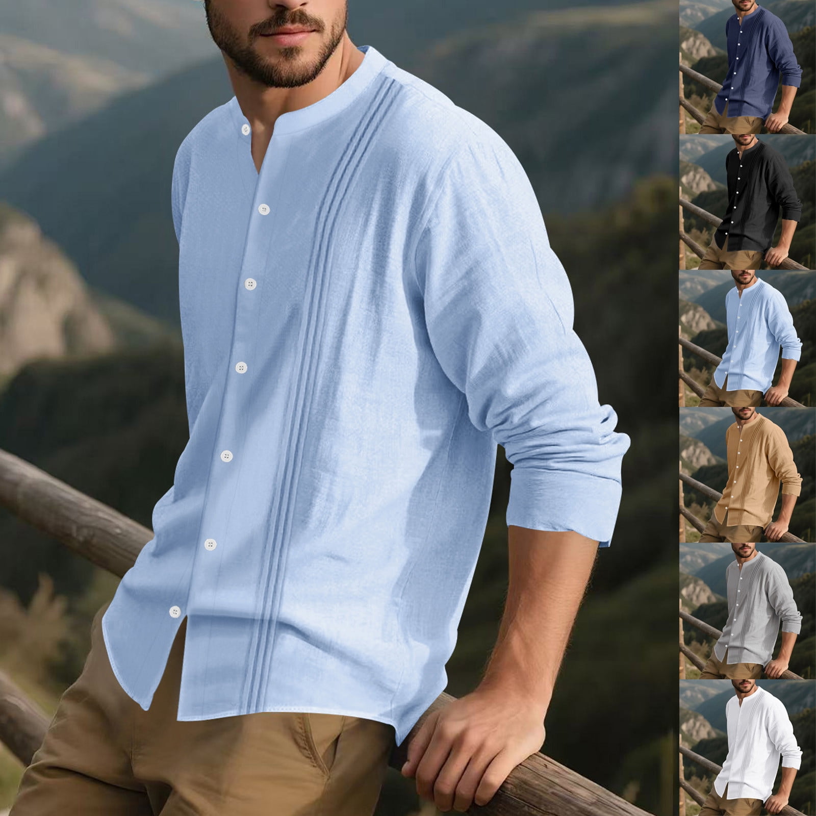 Eryao Mens Button Down Linen Shirts Long Sleeve Pleated Front Tops ...