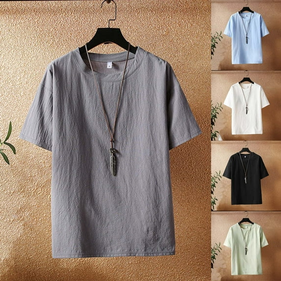 Eryao Mens Cotton Linen Short Sleeve Shirts Solid Color Crewneck Tops ...