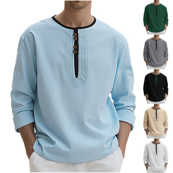 Eryao Mens Long Sleeve Linen Shirts Button Round Neck Tops Casual ...