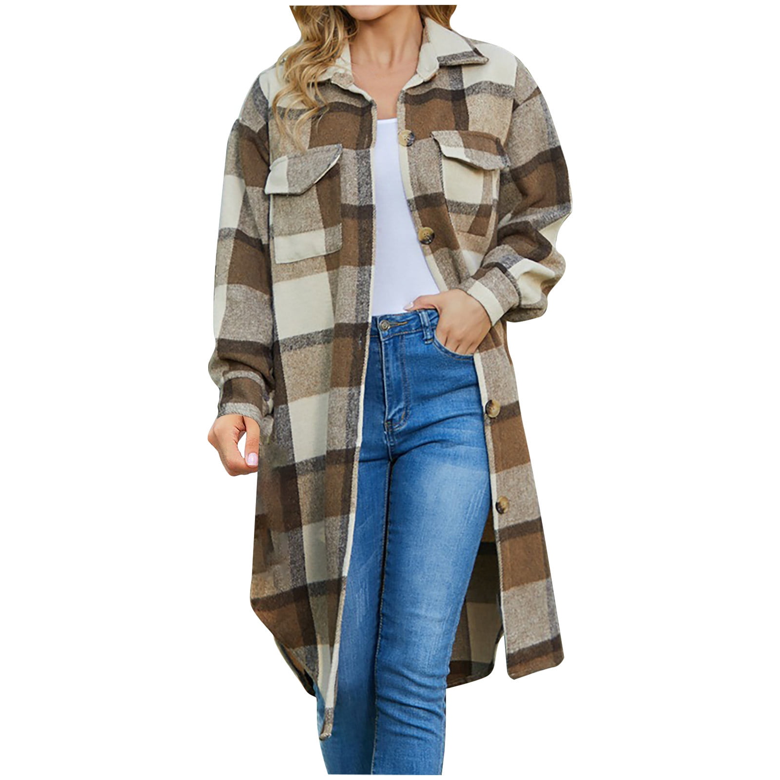 Eryao Plaid Shacket Jacket Women Button Down Long Flannel Shirt Fall ...