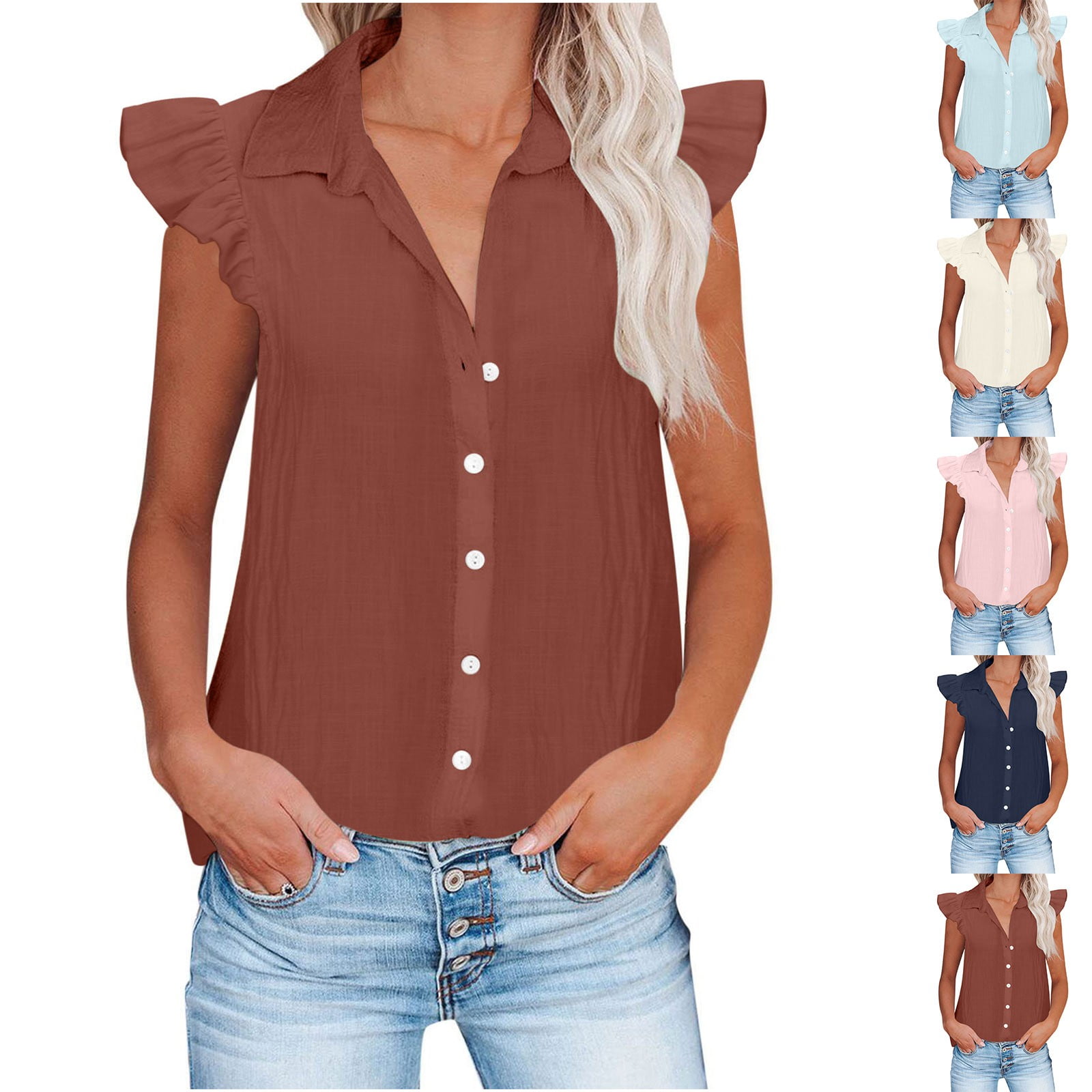 Eryao Ruffle Sleeve Tank Tops for Women Button Down Cotton Linen Tanks ...