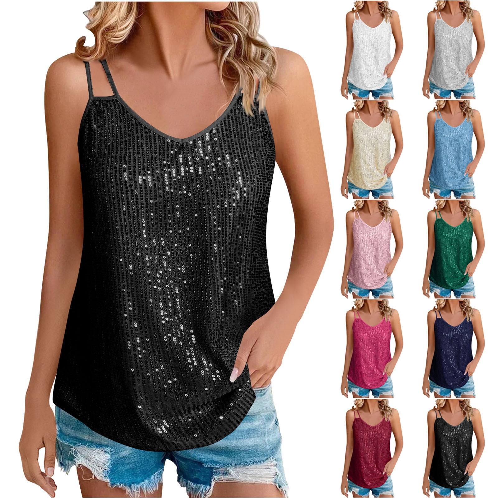 Eryao Sequin Camisole Tops for Women V Neck Sleeveless Tees Summer ...