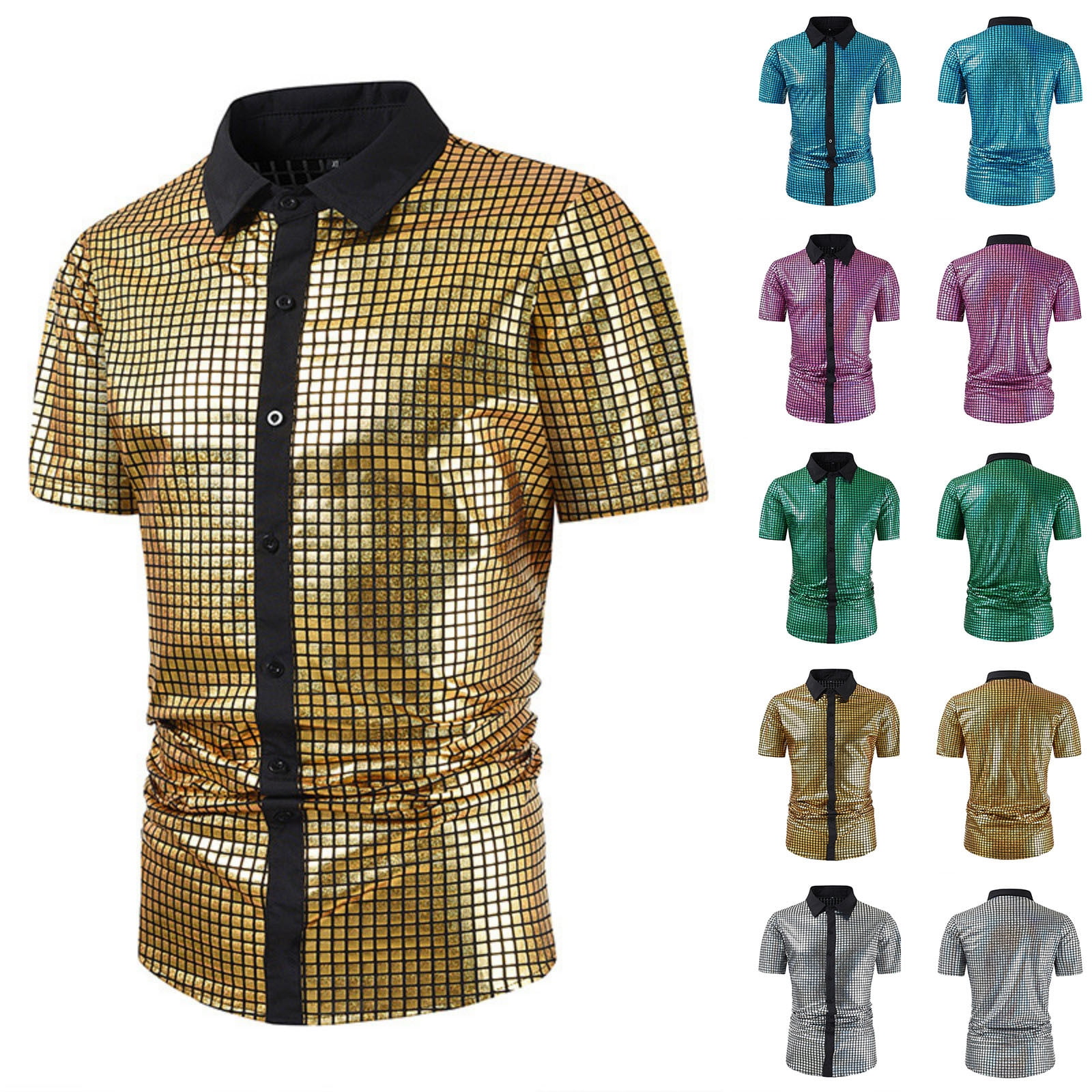 Eryao Shiny Button Down Shirt Men Short Sleeve Lapel Collar Sparkly ...