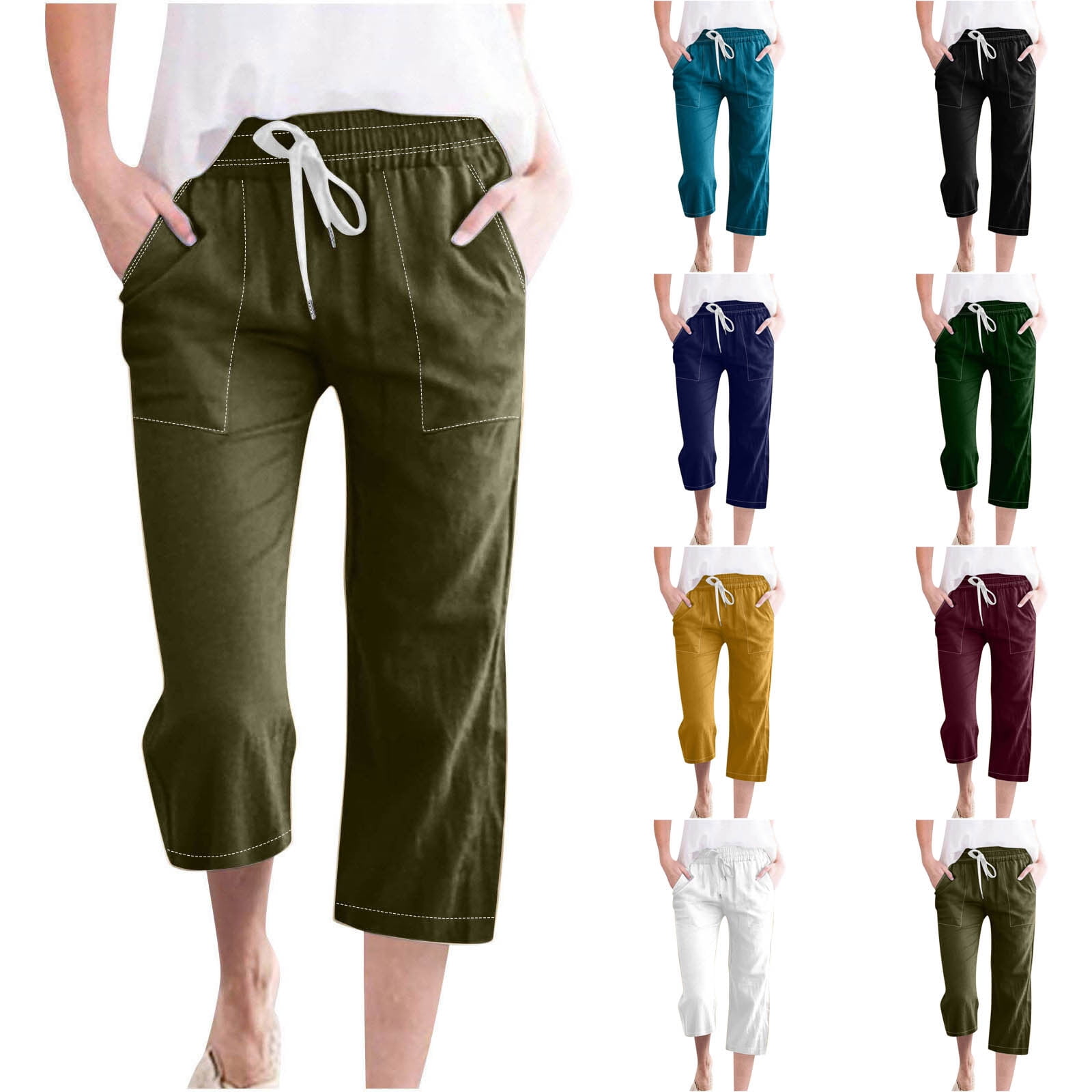 Eryao Today's Deals Womens Plus Size Linen Capris 2025 Summer Casual Cotton Drawstring Pants ...